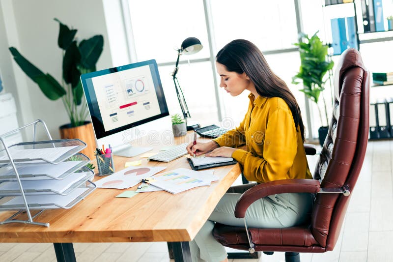 Focused Businesswoman Working Reports Modern Office Environment ...