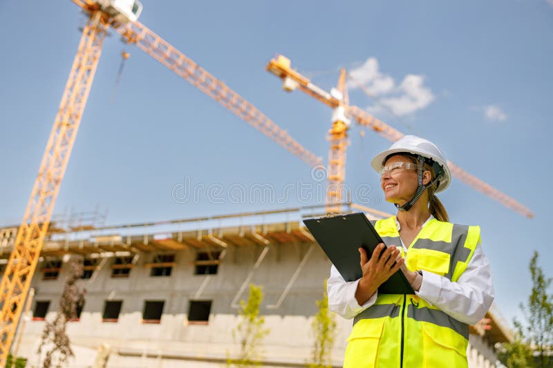 Professional Female Engineer in Protective Helmet Making Notes on ...