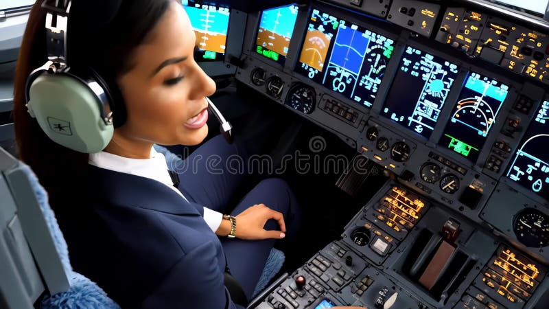 Professional Female Pilot Skillfully Operates Controls and Monitors ...