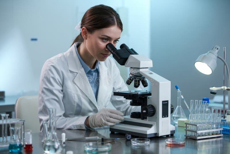 Professional Female Scientist Conducting Research with a Microscope in ...