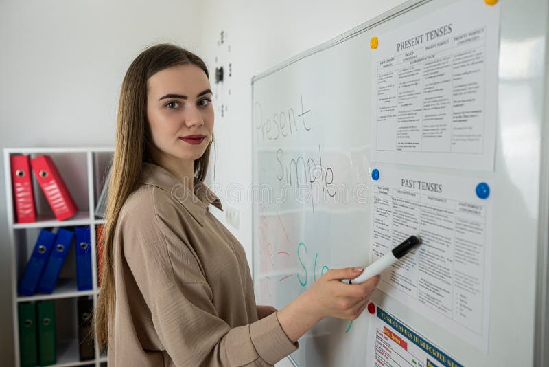 Female Teacher Explain English Grammar Pointing at Whiteboard at ...