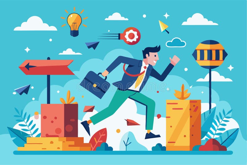 A Professional Figure Races Forward through Challenges, Surrounded by ...