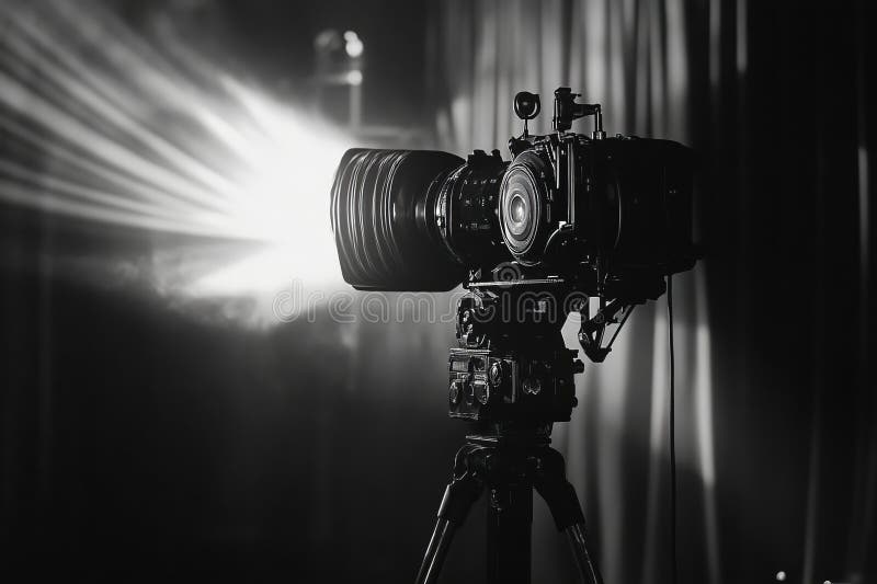 Professional Film Camera on Tripod with Dramatic Lighting in a Studio ...