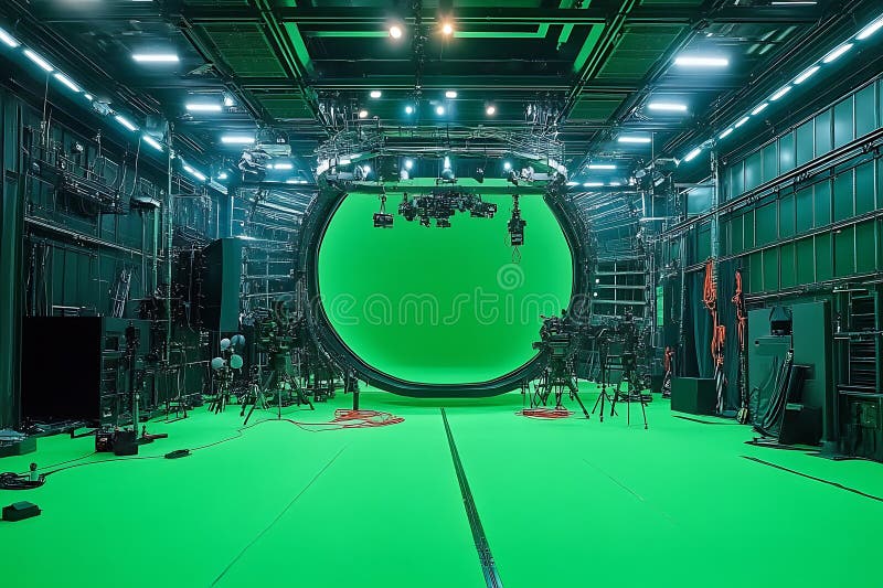 Modern Film Studio with Green Screen Cyclorama, Camera Equipment, and ...
