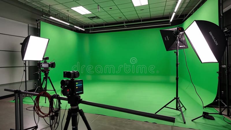 Professional Film Studio Setup with Green Screen and Lighting Stock ...
