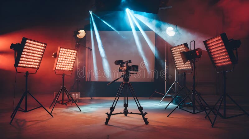 Professional Film Studio Setup with Camera Lights and Backdrop Stock ...