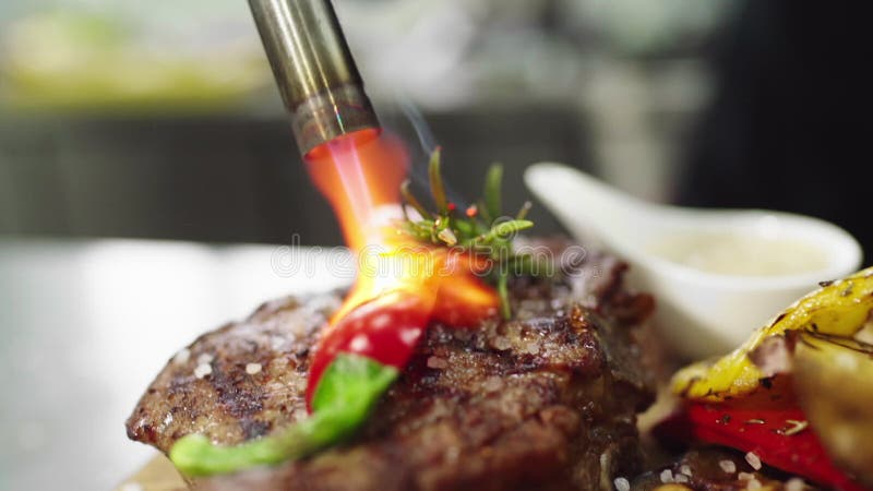 Professional Fire Gun in the Kitchen of Restaurant Main Chef Put Some ...