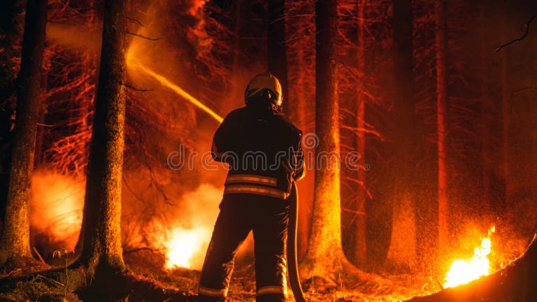 Professional Firefighter Quickly Extinguishing a Forest Fire with the ...