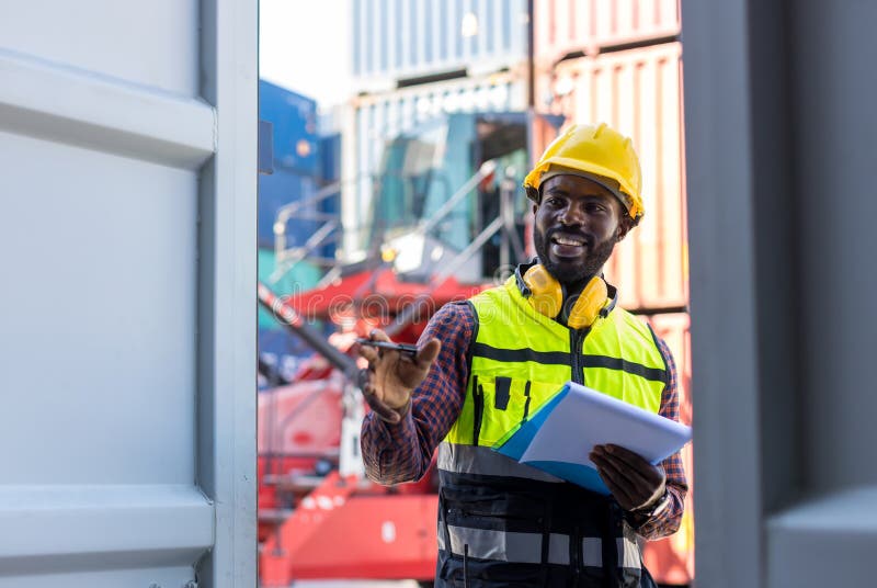 Professional Foreman Work at Container Cargo Site Check Up Goods in ...
