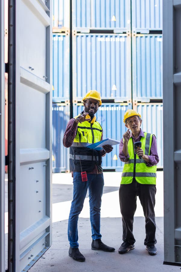 Professional Foreman Work at Container Cargo Site Check Up Goods in ...