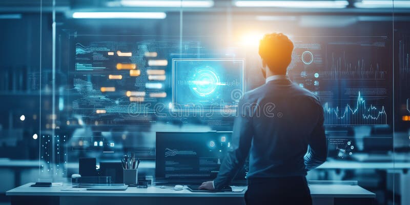 A Professional in a Futuristic Office Engaging with AI Analytics Tools Stock Illustration ...