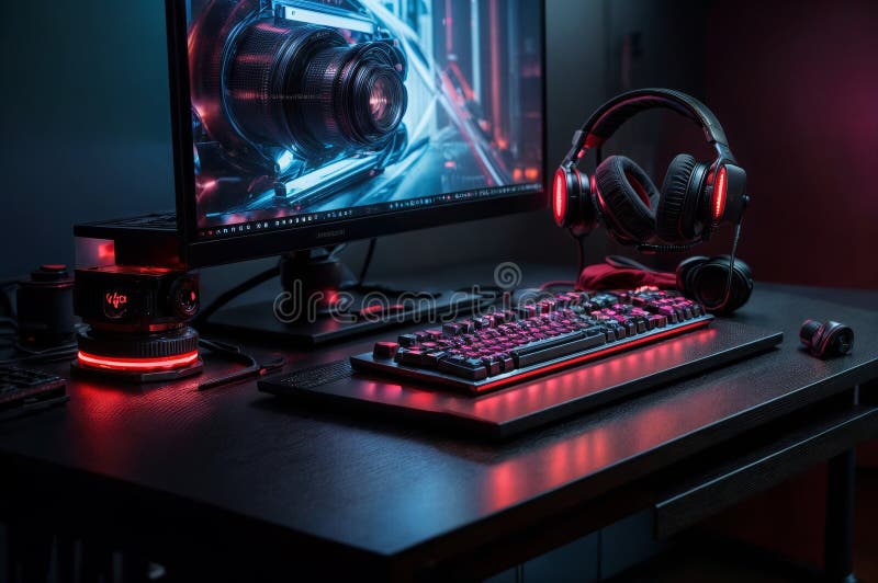 Professional Gamer Workspace with Computer, Headphones and Mouse ...
