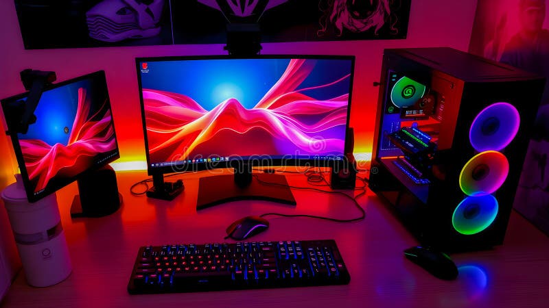 Professional Gamer Workspace with Monitors Keyboard and Mouse in Neon ...