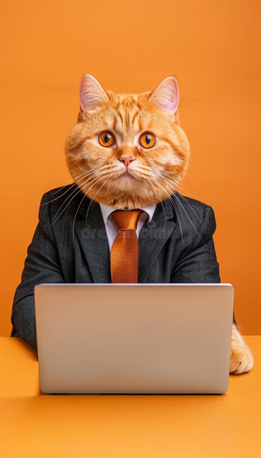 Professional Ginger Cat in Suit Working Remotely on Laptop, Isolated on ...