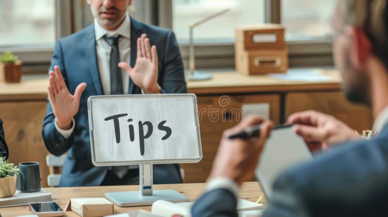 A Professional Giving a Presentation with a "Tips" Slide, Representing ...