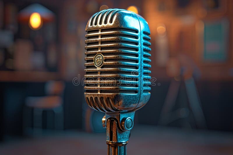 Professional Grade Chrome Microphone Poised on Stage for Broadcasting ...