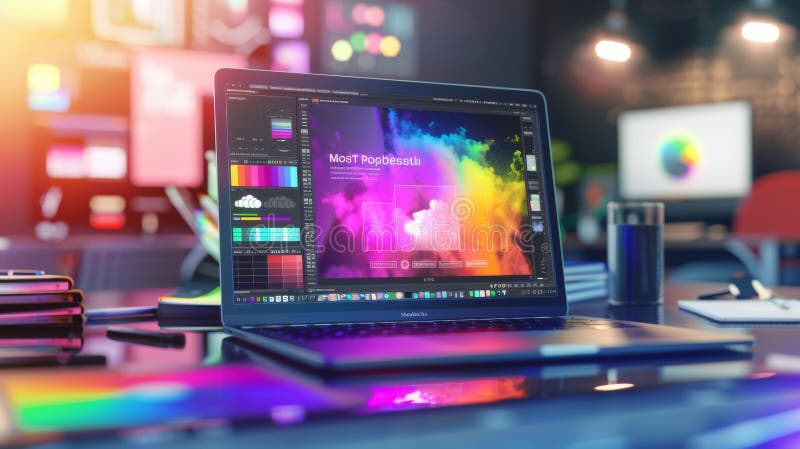 Professional Graphic Design Workspace with Vibrant Laptop Display in ...