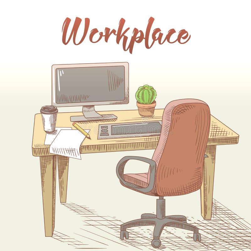 Professional Graphic Designer Hand Drawn Workplace with Table, Computer ...