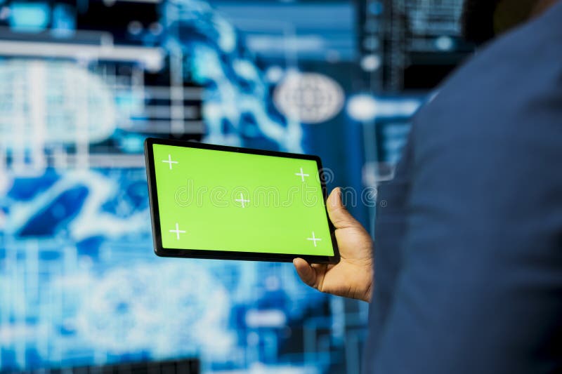 Professional Guy in a High Tech Space Uses Mockup Screen with AI Modern ...