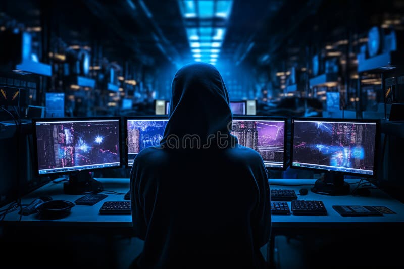 A Professional Hacker, Hooded and Enigmatic, Seated in Front of a Bank ...