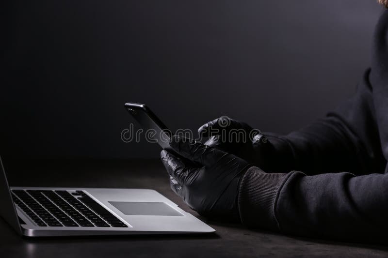 Professional Hacker Laptop Mobile Phone Sitting Table Dark Background ...