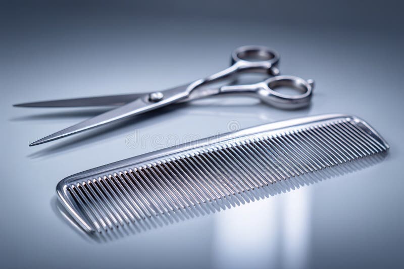 Professional Hairdressing Scissors and Comb Placed on a Reflective ...