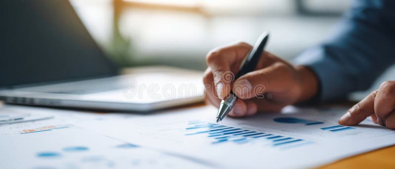 The Professional Hand Analyzing Business Charts and Graphs on a Desk AI ...