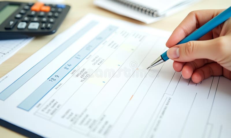 Professional Hand with Blue Pen Completing Financial Documentation in ...