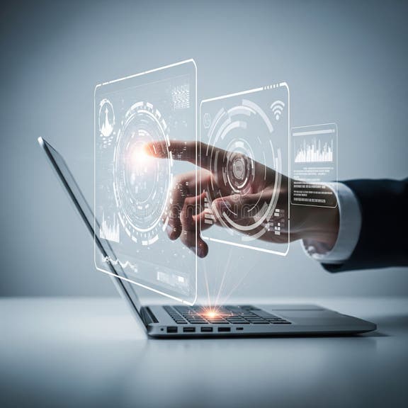 A Professional Hand Interacting with a Futuristic Holographic Data ...