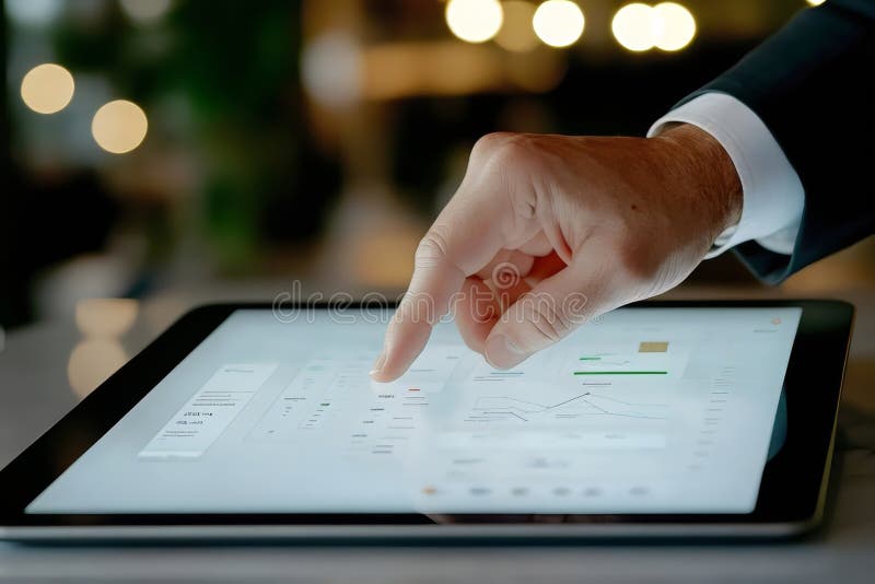 Professional Hand Interacting with a Tablet Displaying Financial Data ...
