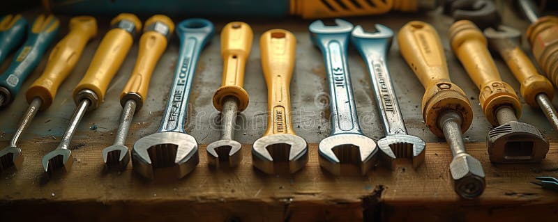 Professional Hand Tools Arranged on a Workbench, Industrial Workspace ...