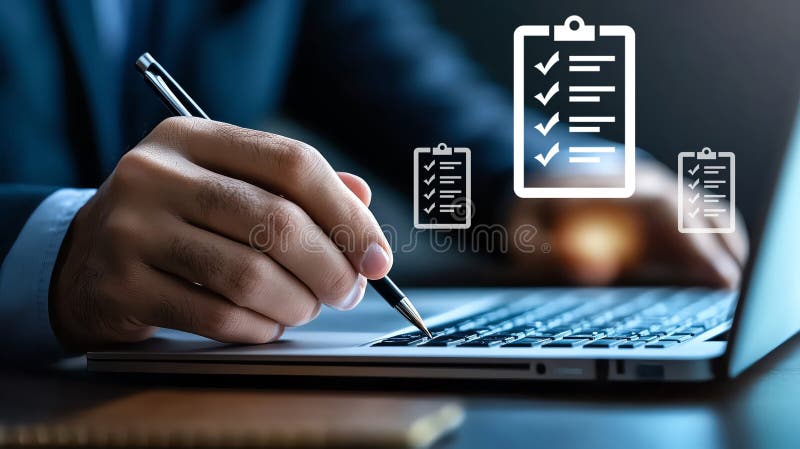 A Professional Hand Writing on a Laptop with Checklists Displayed ...