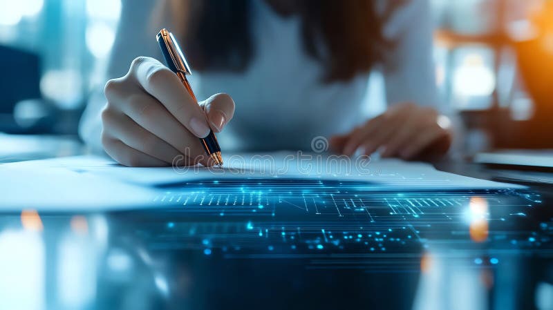 Professional Hand Writing on Paper with a Pen in Modern Office Setting ...