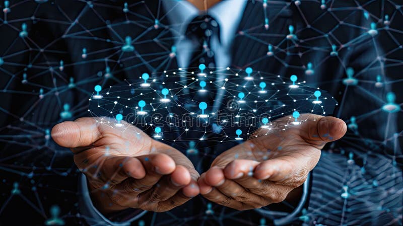 Professional with Hands Outstretched Over Network Hologram. Stock Image ...