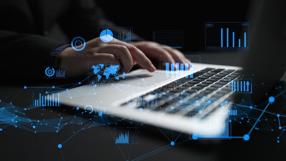 Professional Hands Typing on Laptop with Digital Data Visualization ...