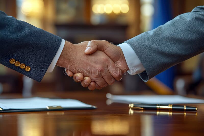 Professional Handshake with Documents and Pen on an Executive Desk ...
