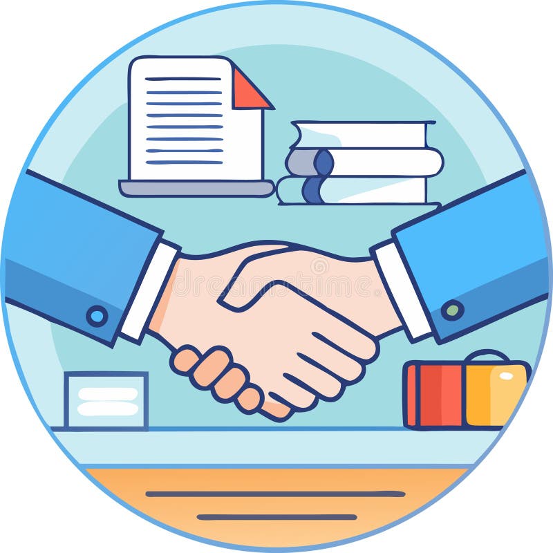 Professional Handshake Icon with Desk & Documents Background – Business ...