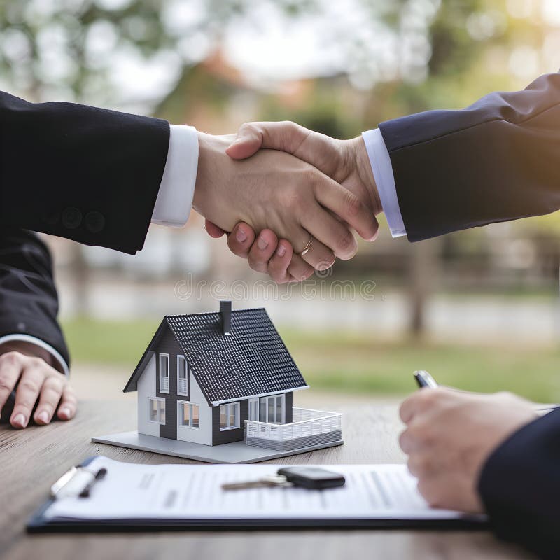 Professional Handshake Over Table with House Model, Keys, and Document ...