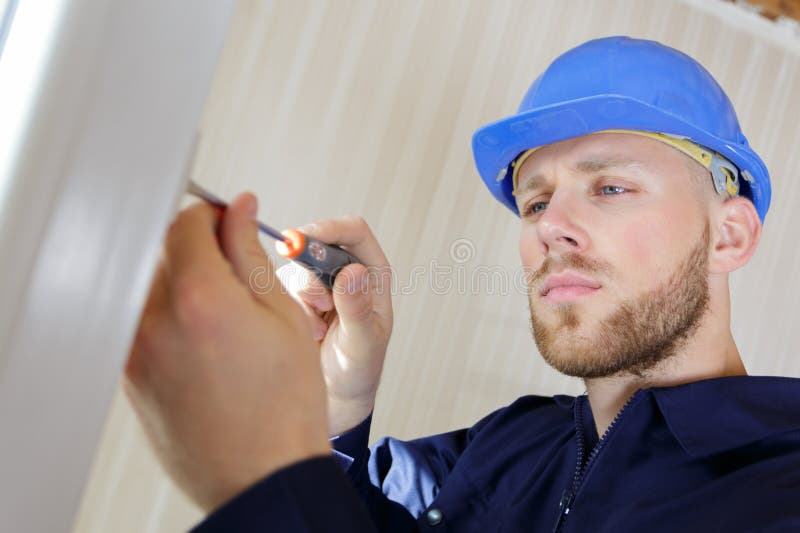Professional Handyman Working in Shower Booth Indoors Stock Photo ...