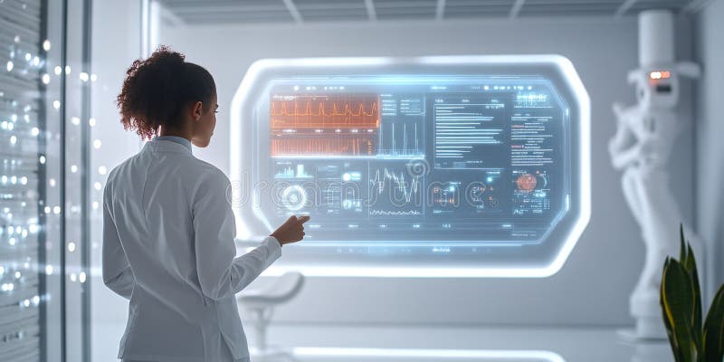 A Scientist Analyzes Futuristic Data in a Sleek Lab Environment. the ...