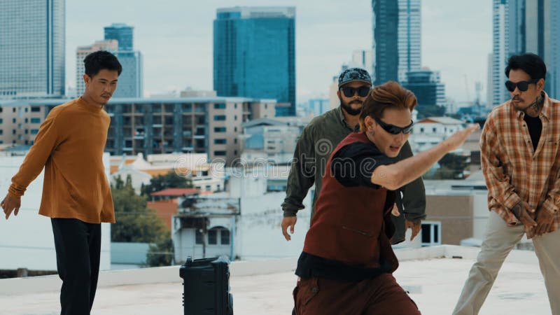 Hispanic Break Dancer Practice B Boy Dance with Friends at Roof Top ...