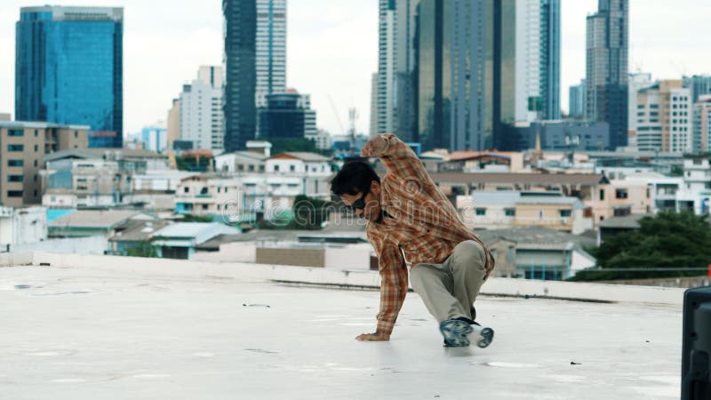 Hispanic Break Dancer Practice B Boy Dance with Friends at Roof Top ...