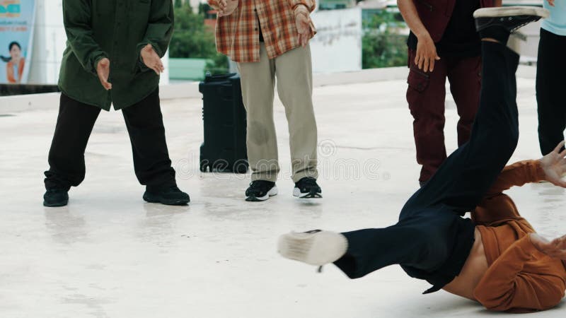 Hispanic Break Dancer Practice B Boy Dance with Friends at Roof Top ...