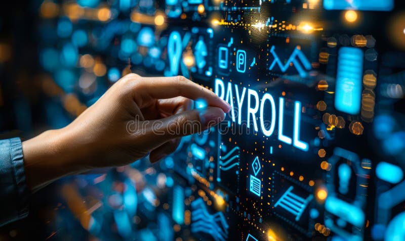 Professional Holding Virtual Interface with Payroll and Financial Icons ...