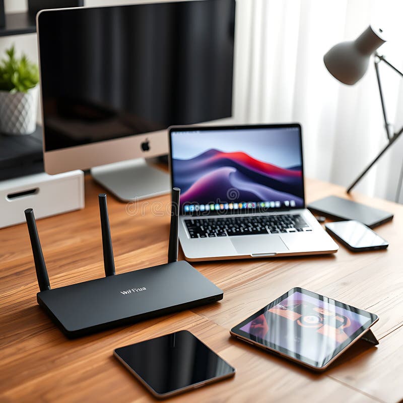 A Professional Home Office Setup Featuring a Wi Fi Router Laptop and ...