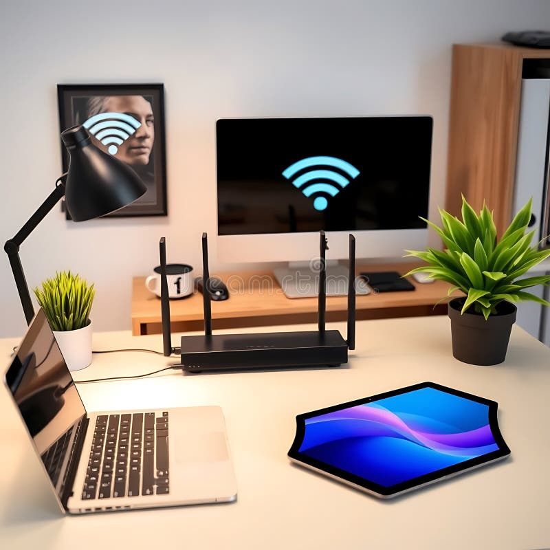A Professional Home Office Setup Featuring a Wi Fi Router Laptop and ...