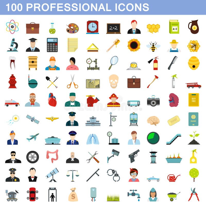 100 Professional Icons Set, Flat Style Stock Vector - Illustration of ...