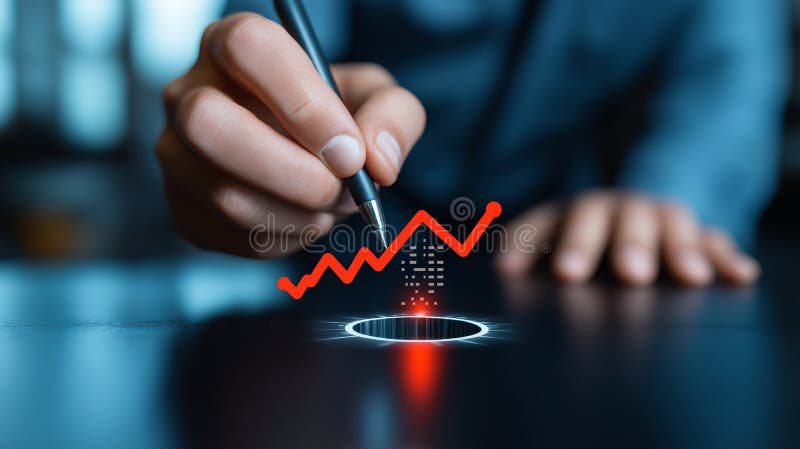 Professional Individual is Drawing Red Growth Graph on Digital Surface ...