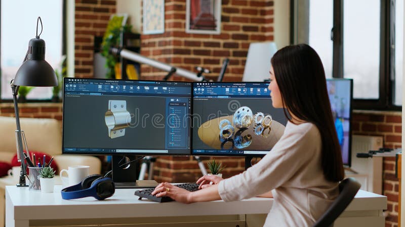 Professional Industrial Designer Working with CAD Software on Dual ...