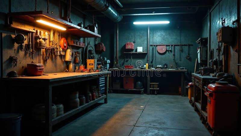 Professional Industrial Workshop Scene a Bright Dimly Lit Garage ...